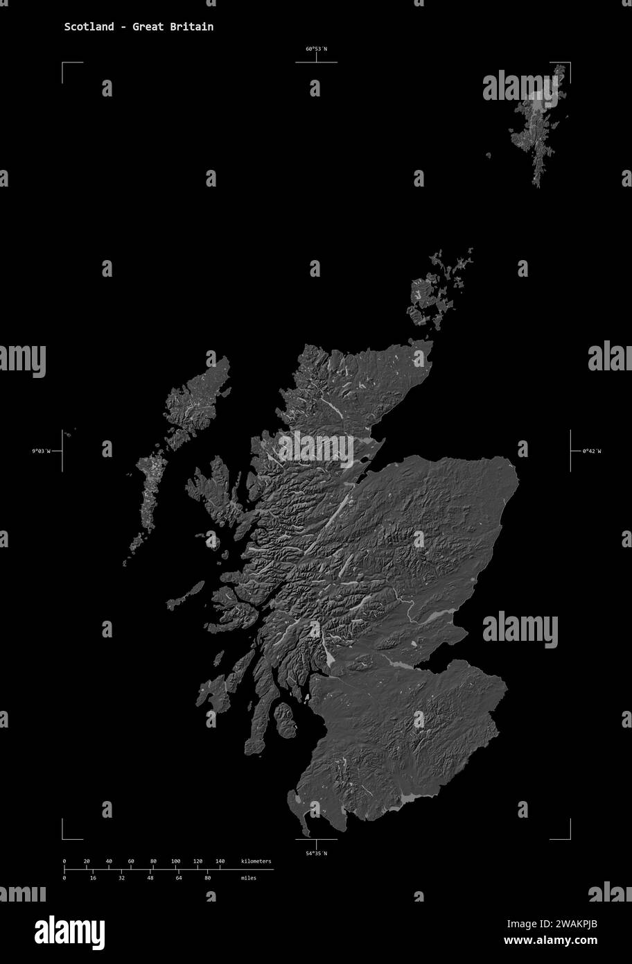 Shape of a Bilevel elevation map with lakes and rivers of the Scotland ...