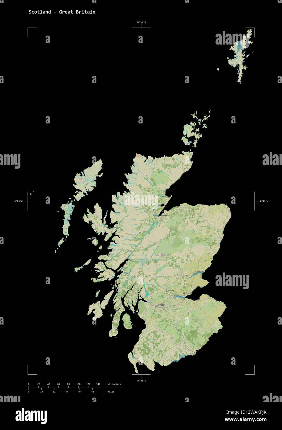 Shape of a topographic, OSM Humanitarian style map of the Scotland ...