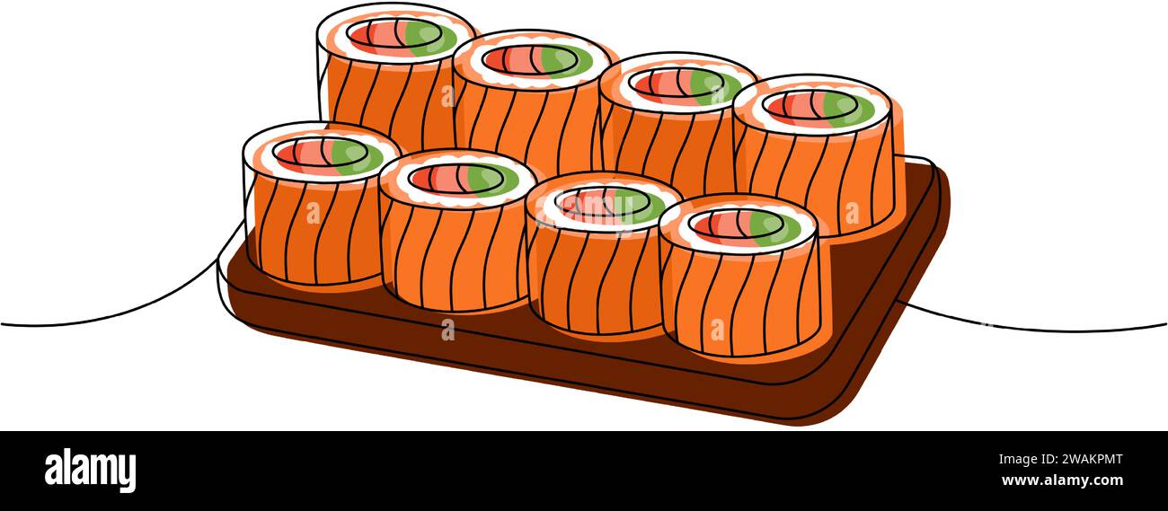 Philadelphia sushi roll dish one line colored continuous drawing ...