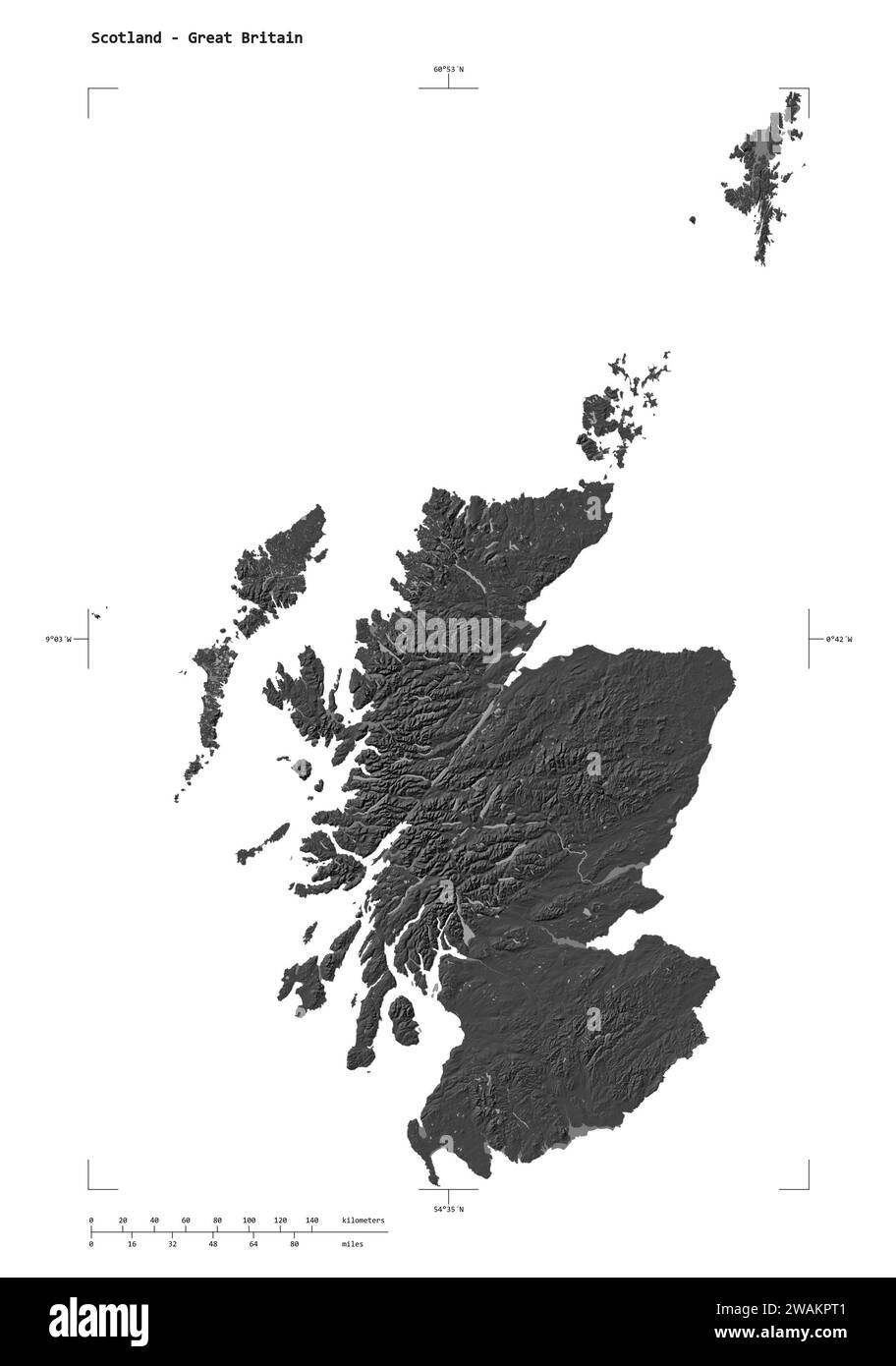 Shape of a Bilevel elevation map with lakes and rivers of the Scotland ...