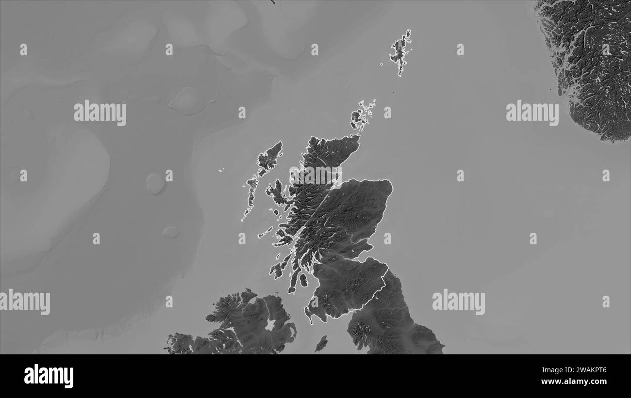 Scotland - Great Britain outlined on a Grayscale elevation map with ...