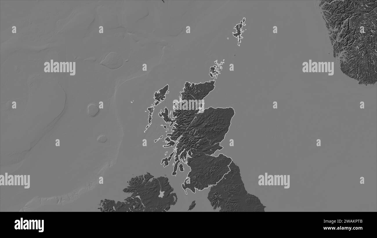 Scotland - Great Britain outlined on a Bilevel elevation map with lakes ...