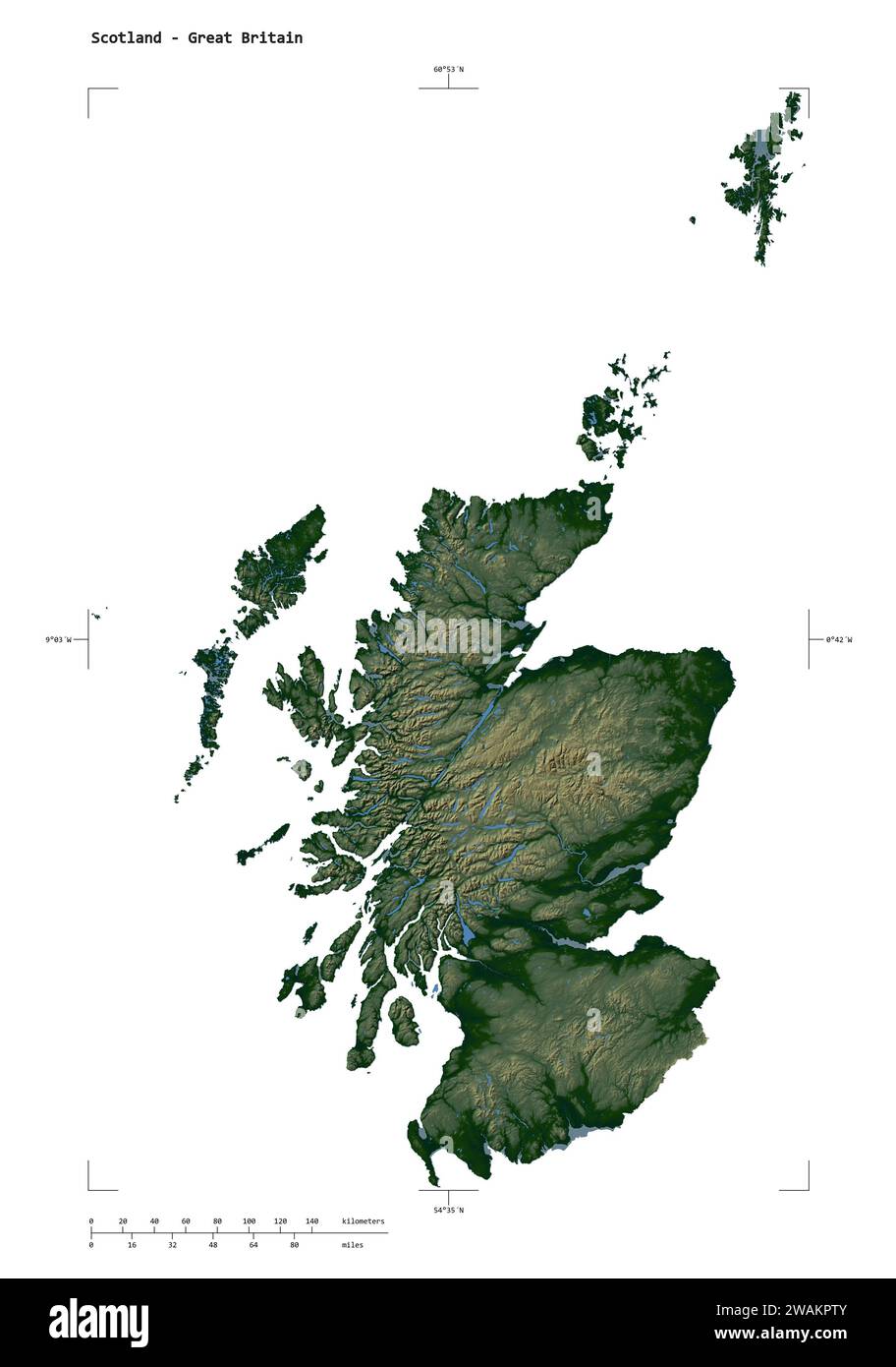 Shape of a Colored elevation map with lakes and rivers of the Scotland ...