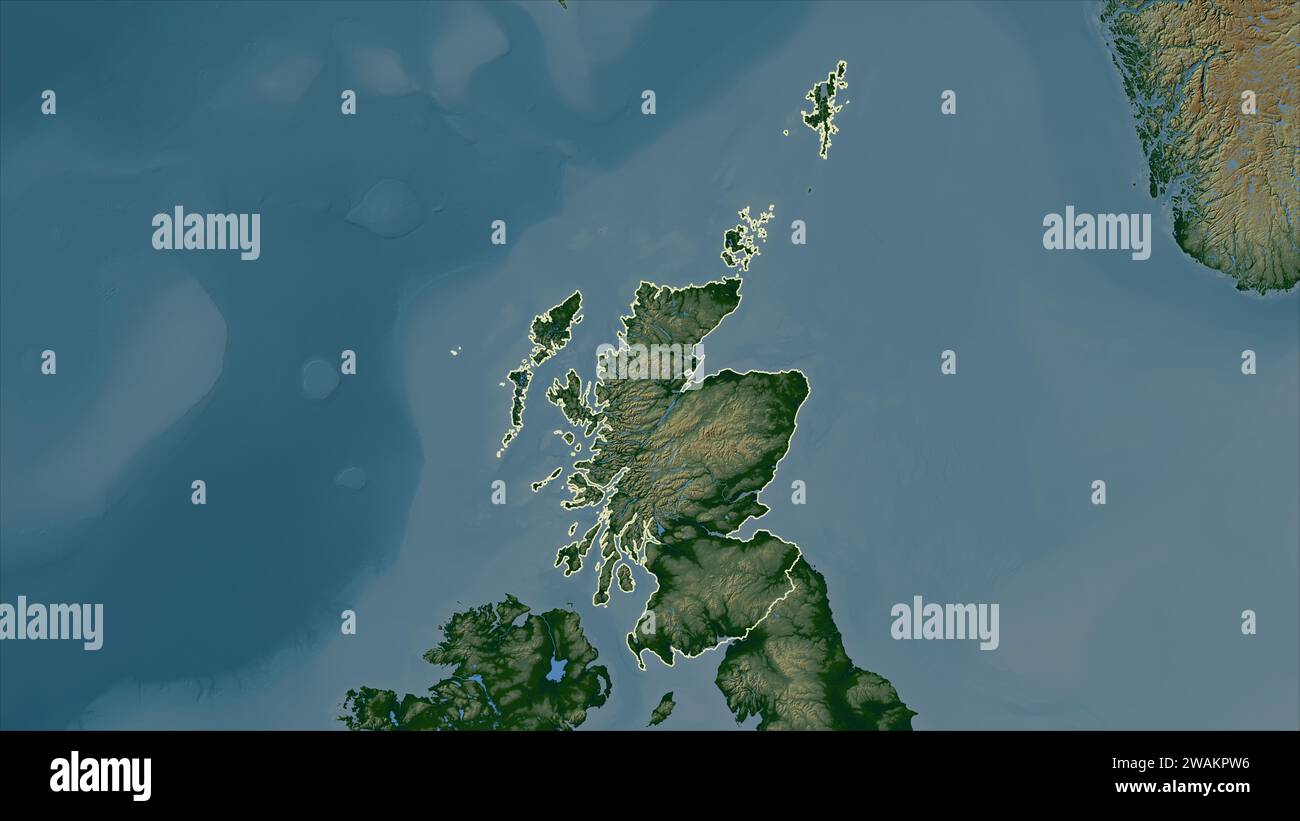 Scotland - Great Britain outlined on a Colored elevation map with lakes ...