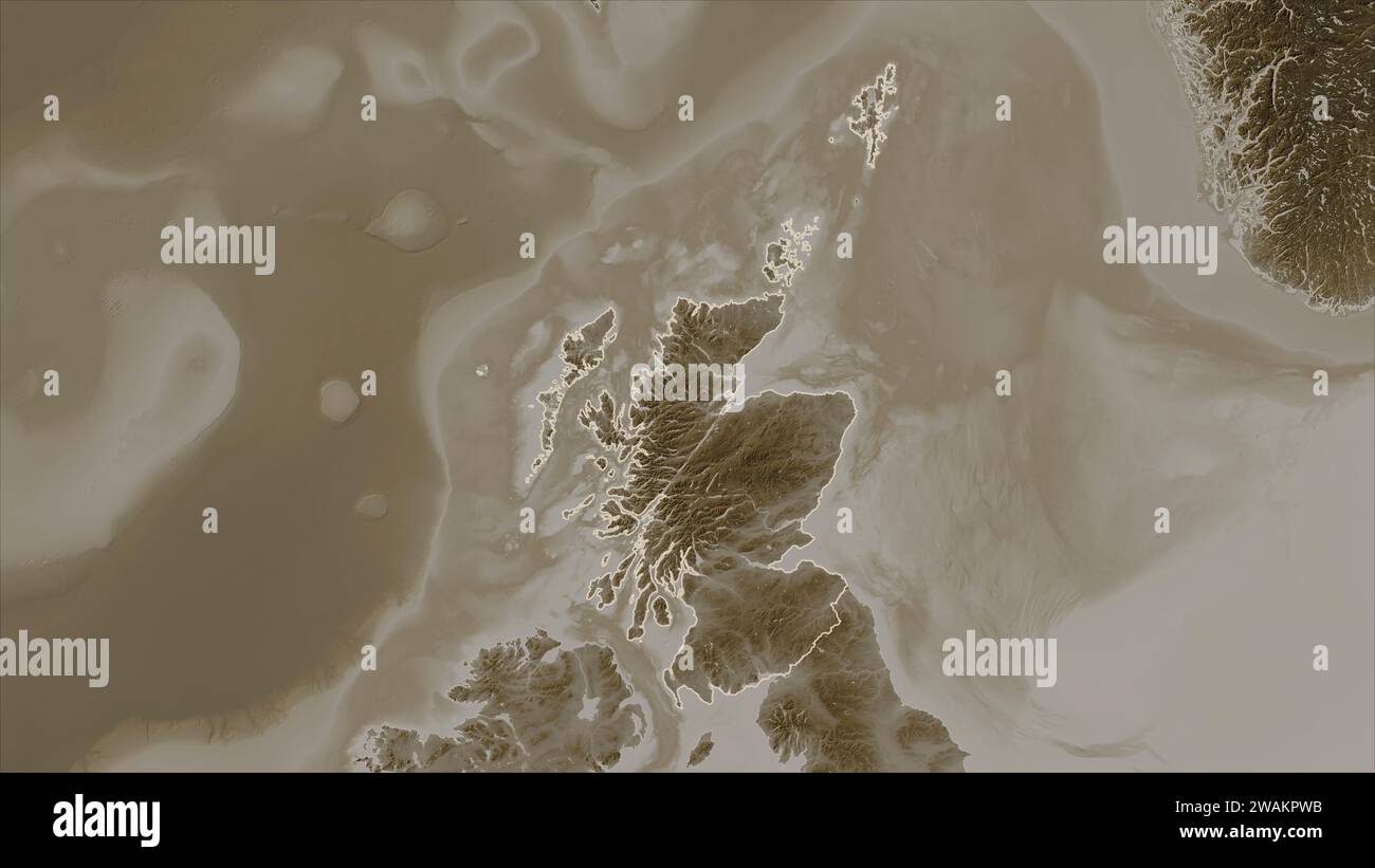 Scotland - Great Britain outlined on a elevation map colored in sepia ...