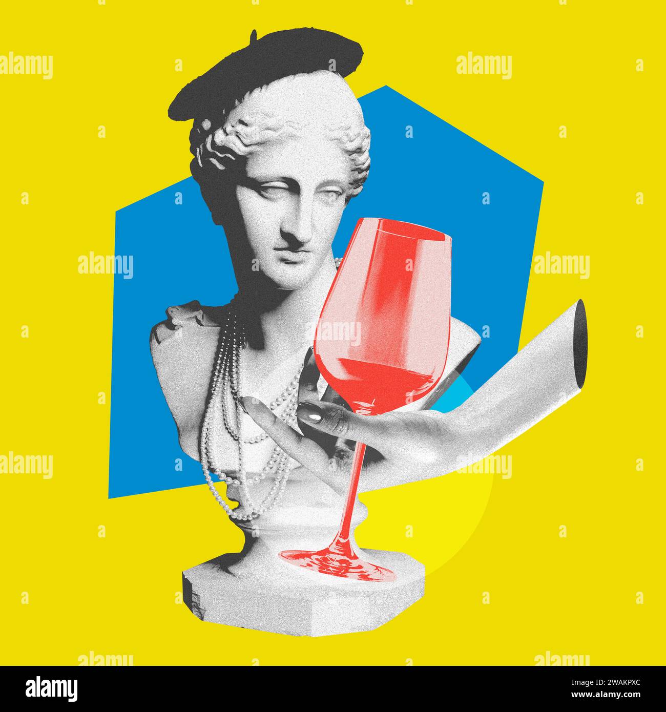 Antique statue bust in Parisian style beret and alcohol cocktail over ...