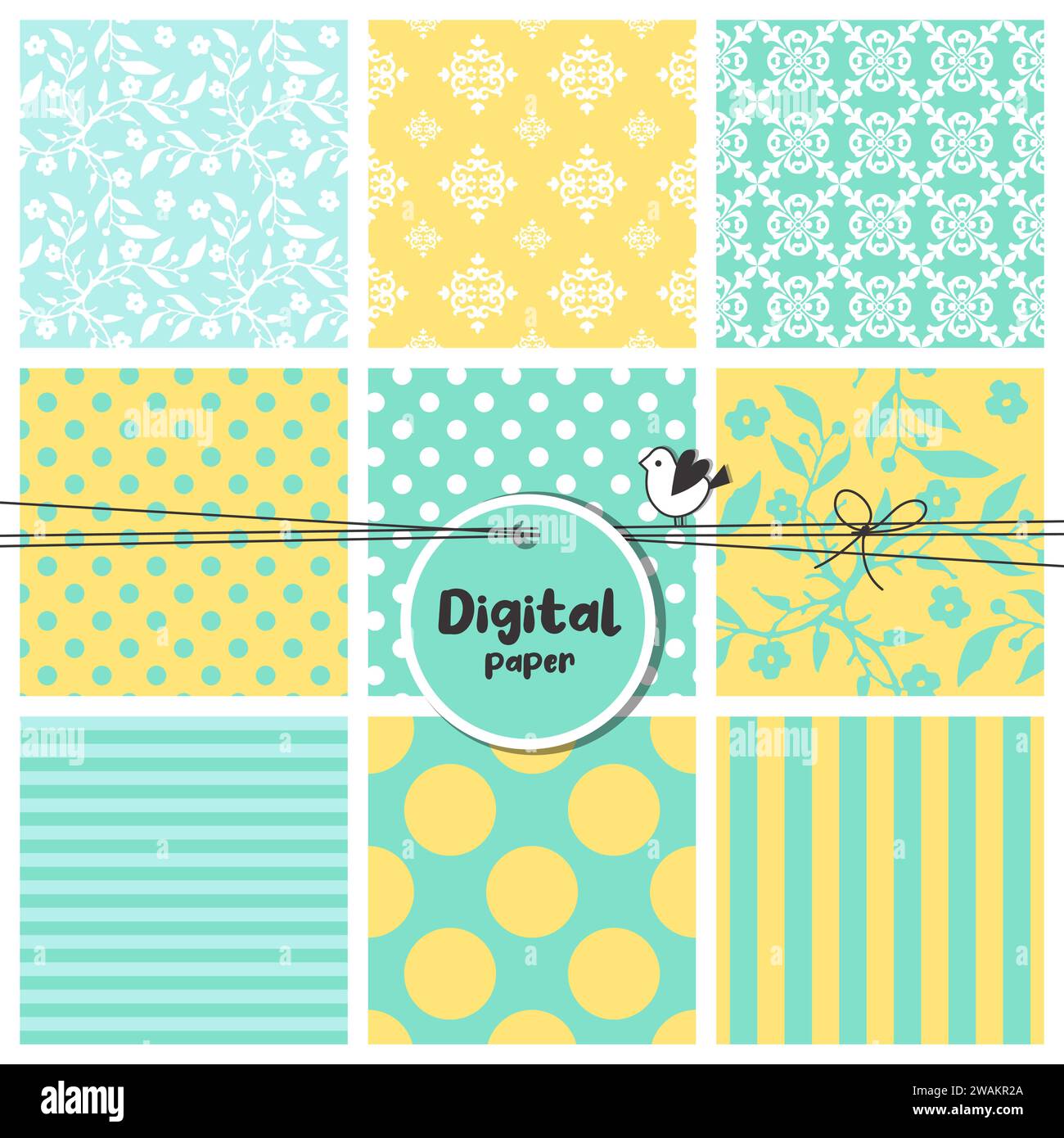 Digital papers, Set of seamless patterns, flowers, dots, stripes ...