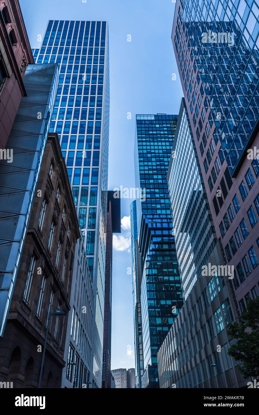 Modern skyscrapers in a financial district, blue colors, vertical Stock ...