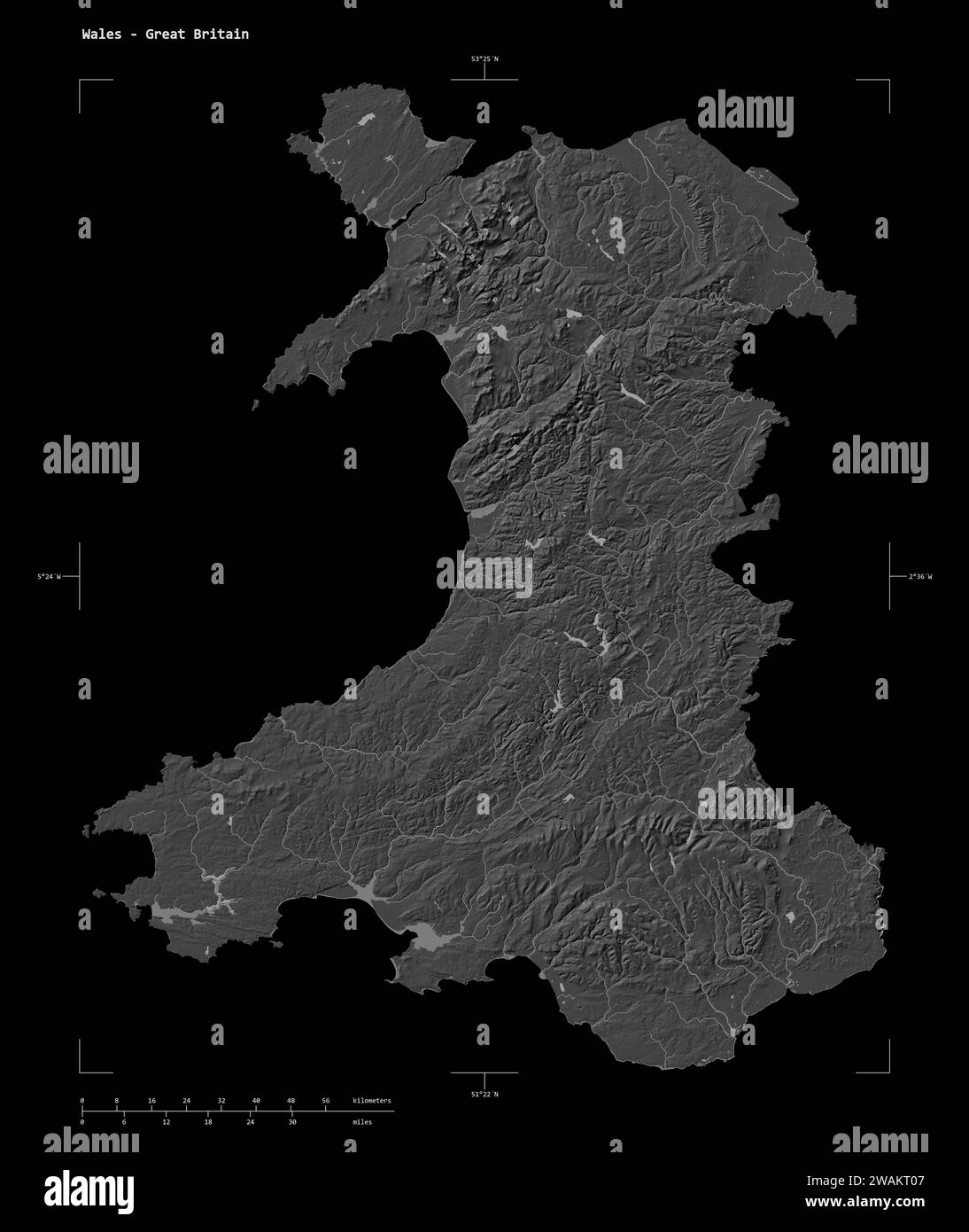 Shape of a Bilevel elevation map with lakes and rivers of the Wales ...