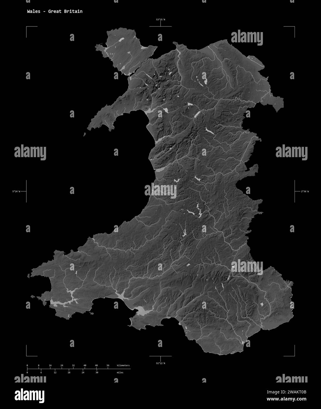 Shape of a Grayscale elevation map with lakes and rivers of the Wales - Great Britain, with ...