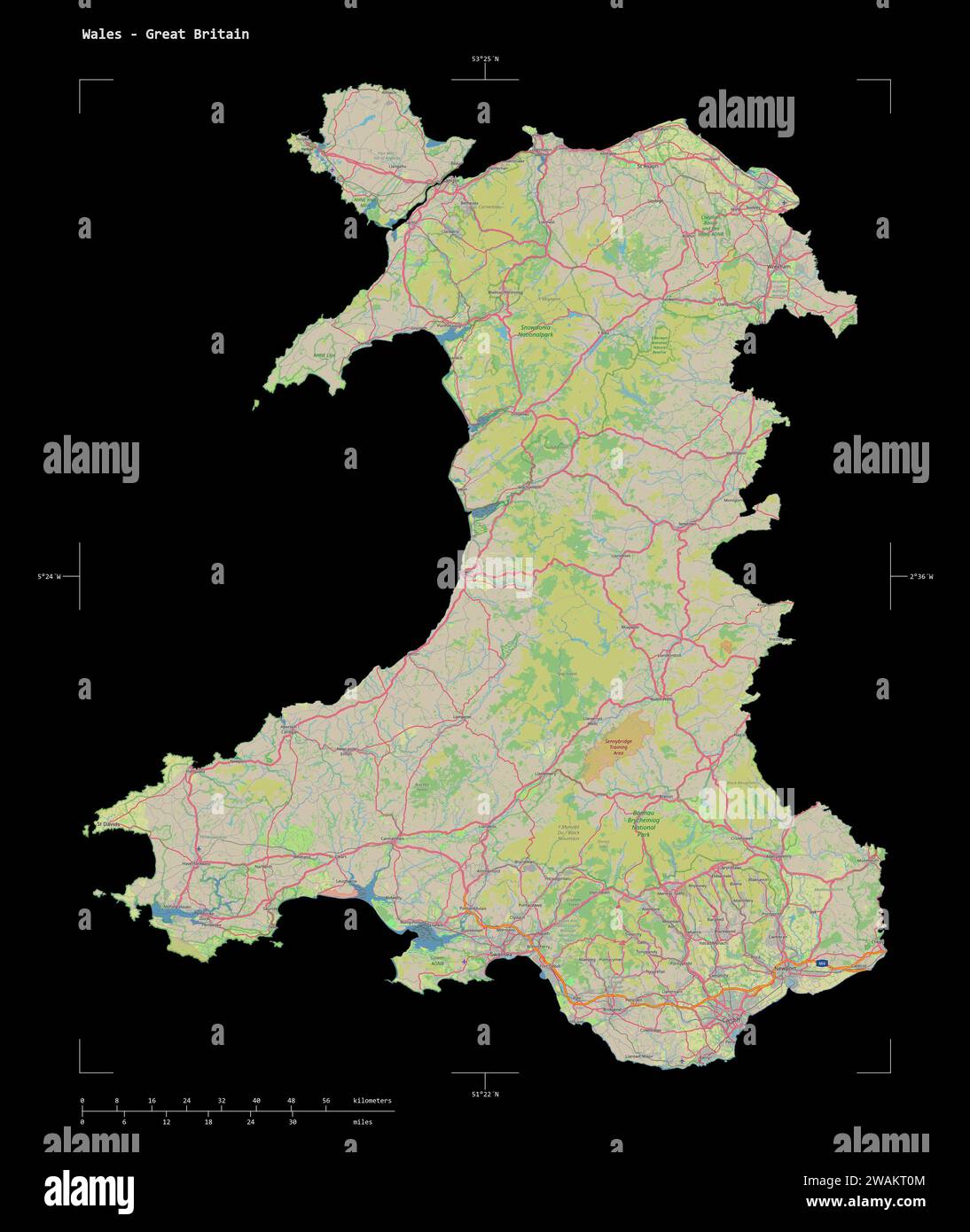 Shape of a topographic, OSM Germany style map of the Wales - Great ...