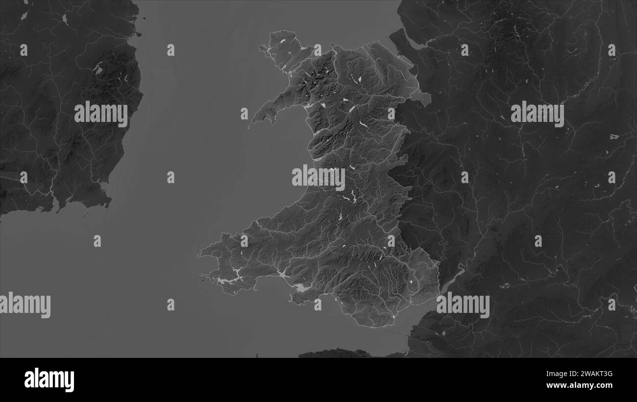 Wales - Great Britain highlighted on a Grayscale elevation map with ...