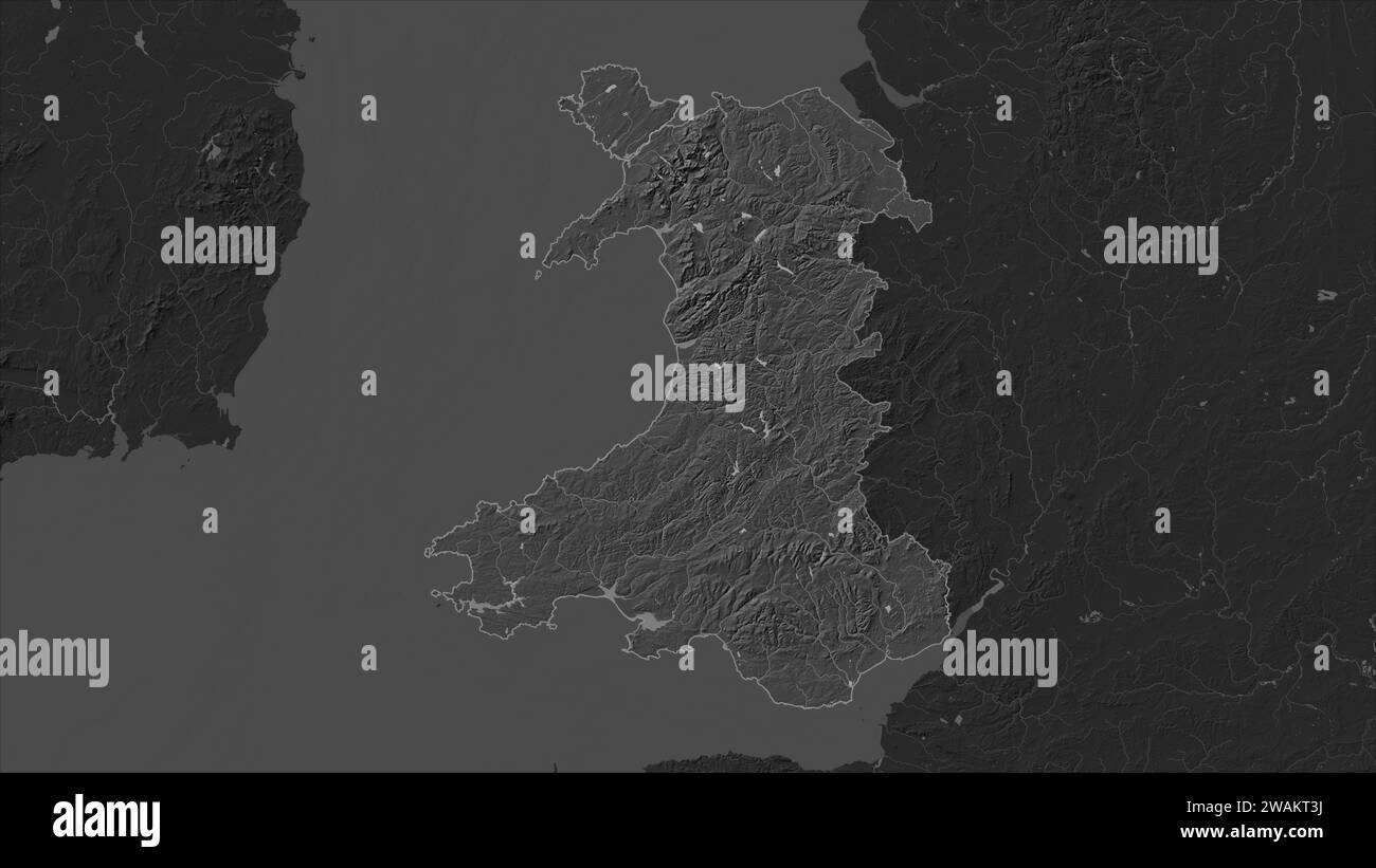 Wales - Great Britain highlighted on a Bilevel elevation map with lakes ...