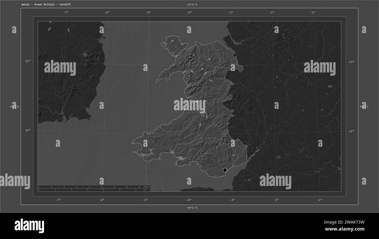 Wales - Great Britain highlighted on a Bilevel elevation map with lakes ...