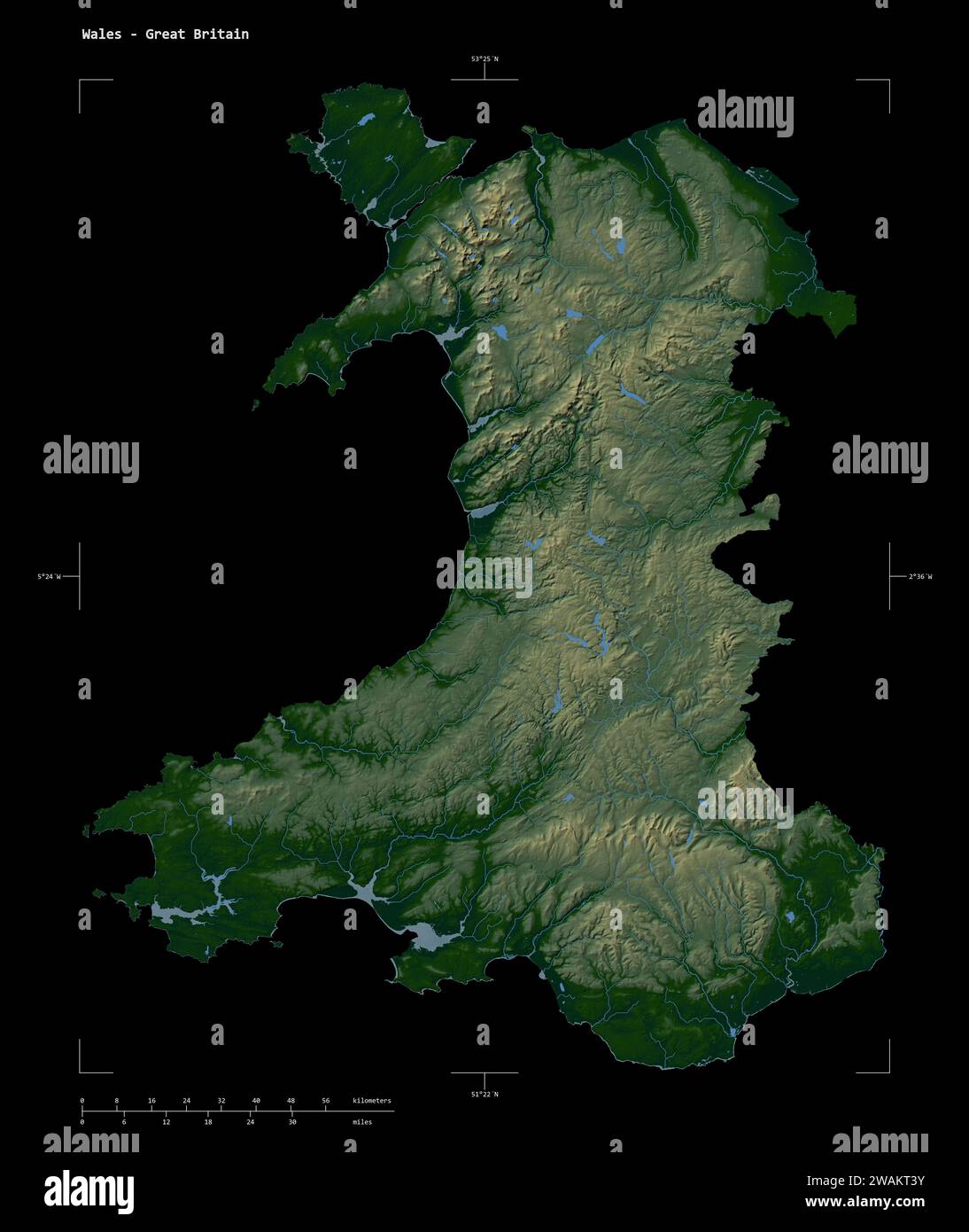 Shape of a Colored elevation map with lakes and rivers of the Wales ...