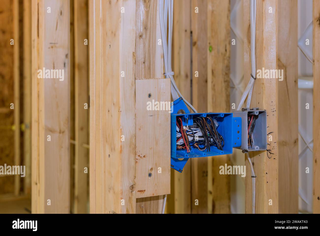 Electrical switch box is plastic wires attached to its wooden frame ...