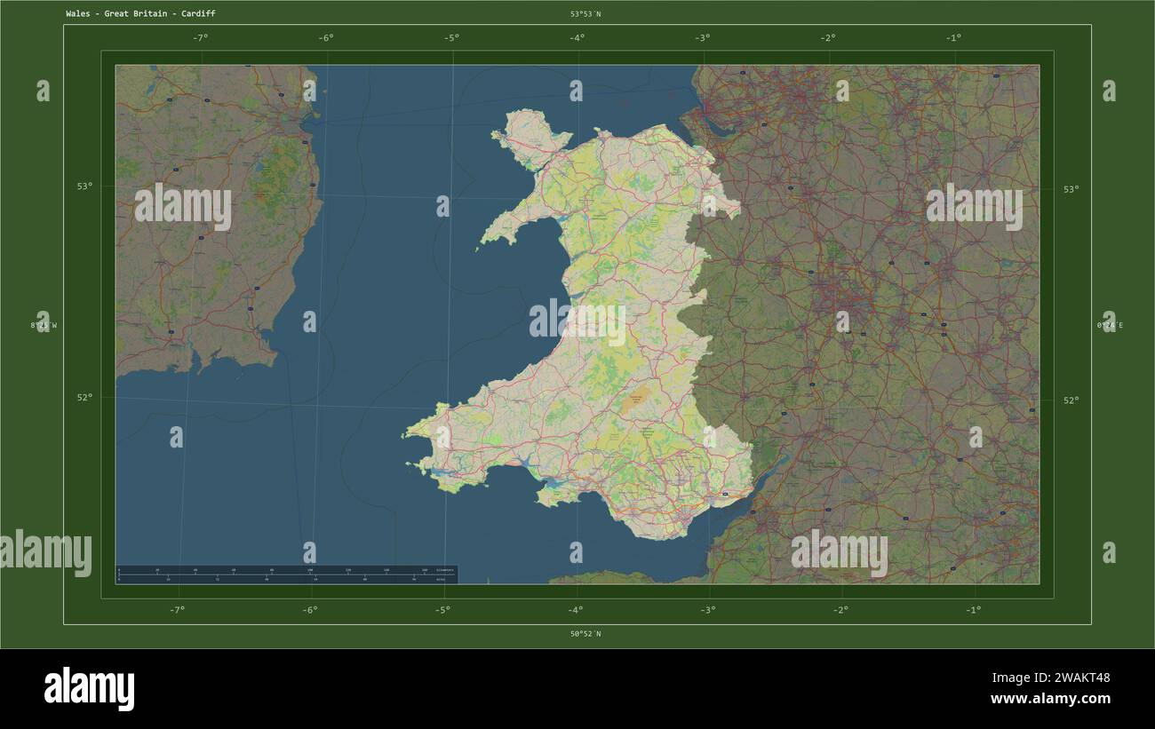 Wales - Great Britain highlighted on a topographic, OSM Germany style ...