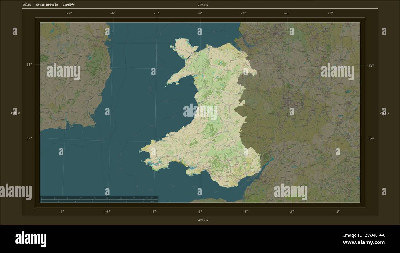 Wales - Great Britain highlighted on a topographic, OSM Humanitarian ...