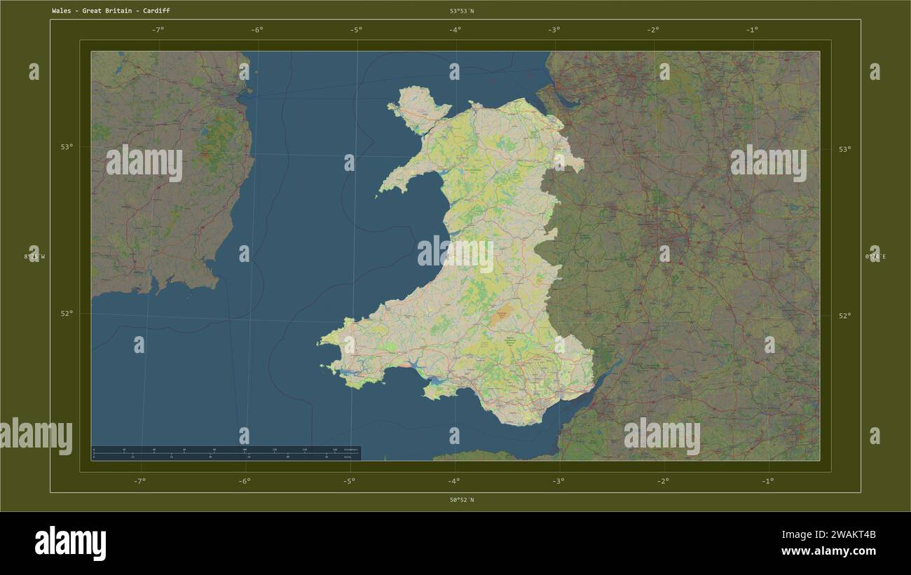 Wales - Great Britain highlighted on a topographic, OSM standard style ...