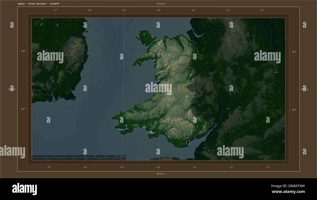 Wales - Great Britain highlighted on a Colored elevation map with lakes ...