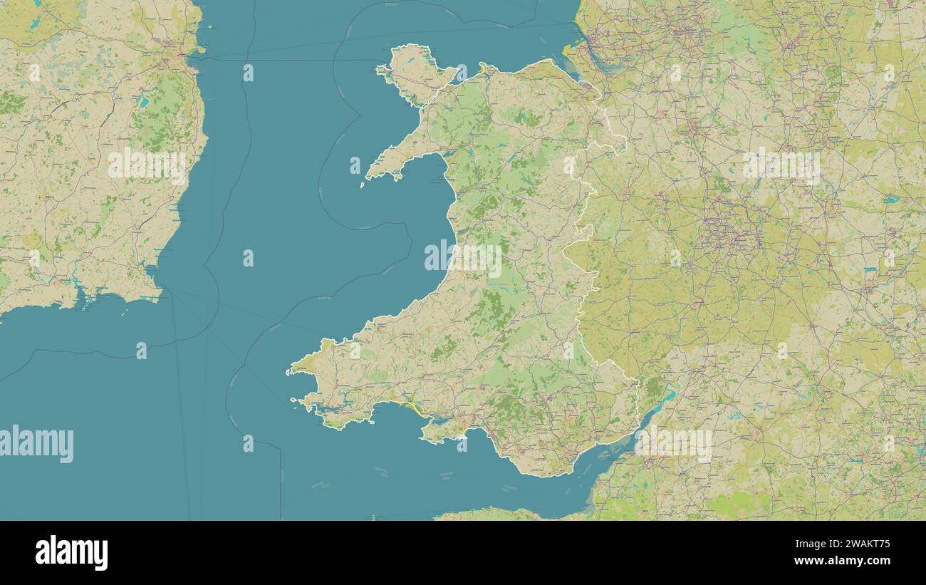 Wales - Great Britain outlined on a topographic, OSM Humanitarian style ...