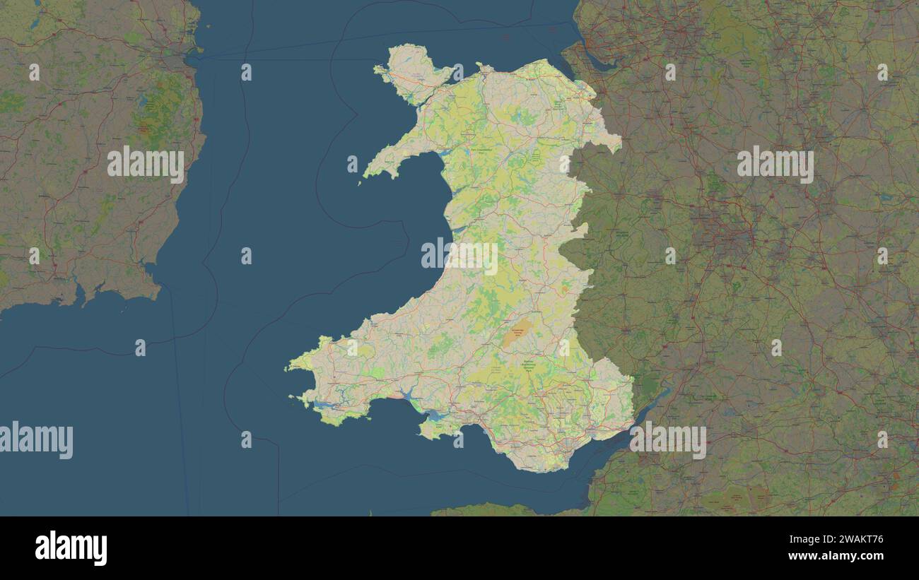 Wales - Great Britain highlighted on a topographic, OSM standard style map Stock Photo - Alamy