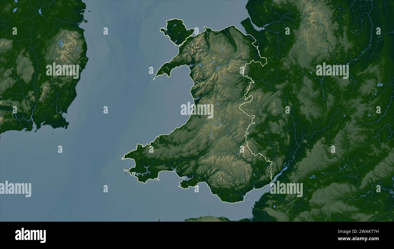 Wales - Great Britain outlined on a Colored elevation map with lakes ...