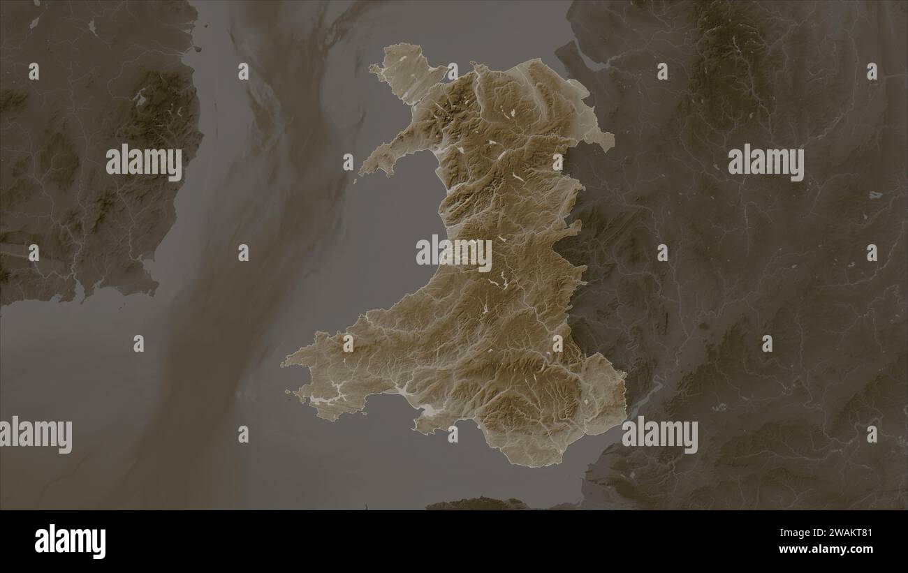 Wales - Great Britain highlighted on a elevation map colored in sepia ...