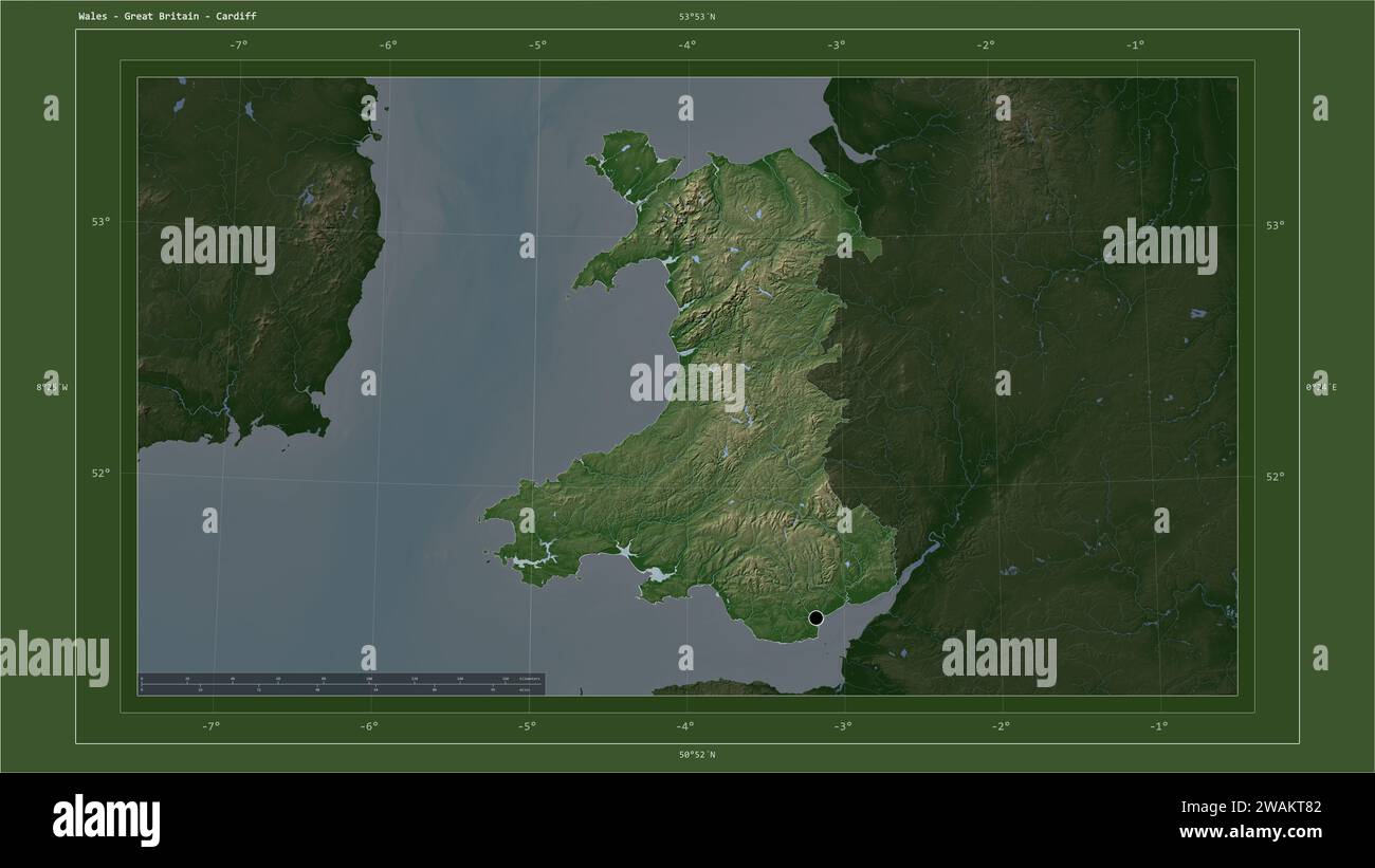 Wales - Great Britain highlighted on a Pale colored elevation map with ...