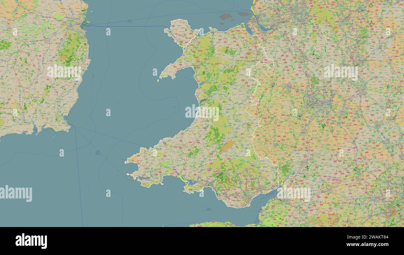 Wales - Great Britain outlined on a topographic, OSM France style map ...