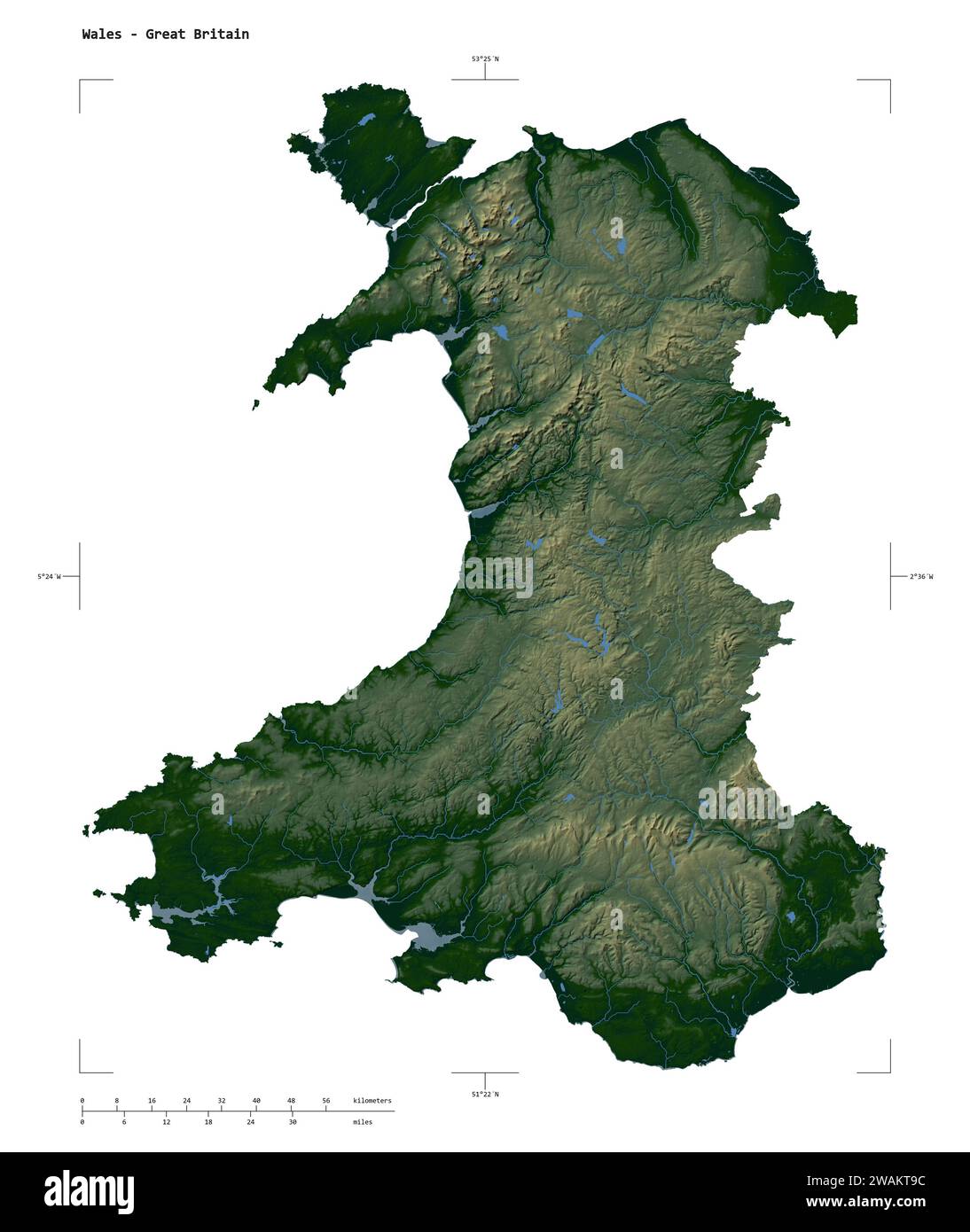 Shape of a Colored elevation map with lakes and rivers of the Wales ...