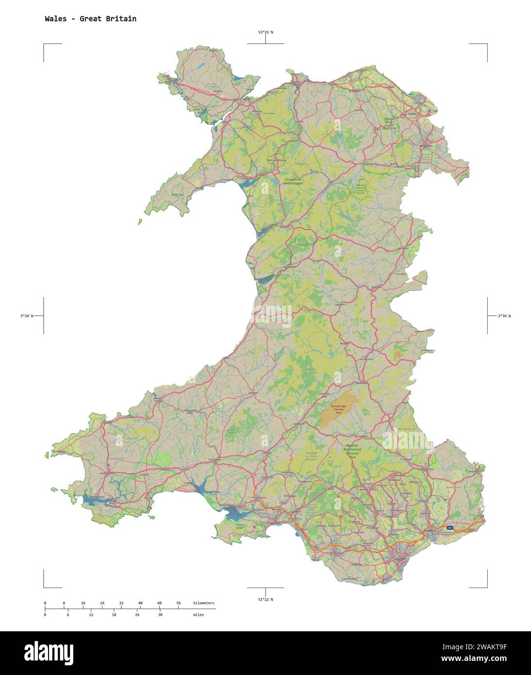 Shape of a topographic, OSM Germany style map of the Wales - Great Britain, with distance scale ...