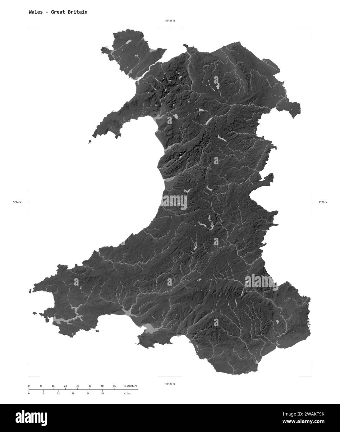 Shape of a Grayscale elevation map with lakes and rivers of the Wales - Great Britain, with ...