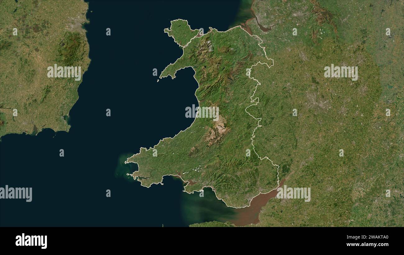 Wales - Great Britain outlined on a low resolution satellite map Stock ...