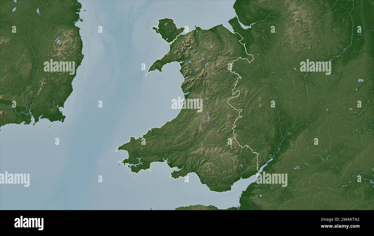 Wales - Great Britain outlined on a Pale colored elevation map with ...