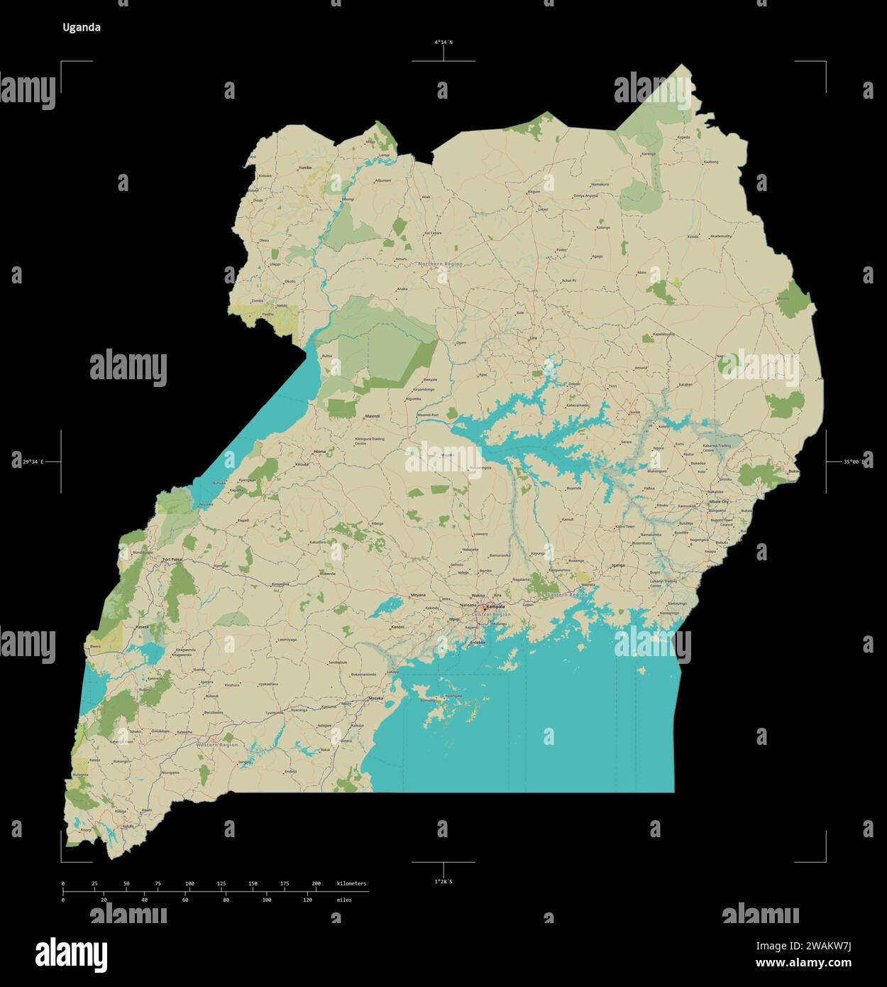 Shape of a topographic, OSM Humanitarian style map of the Uganda, with ...
