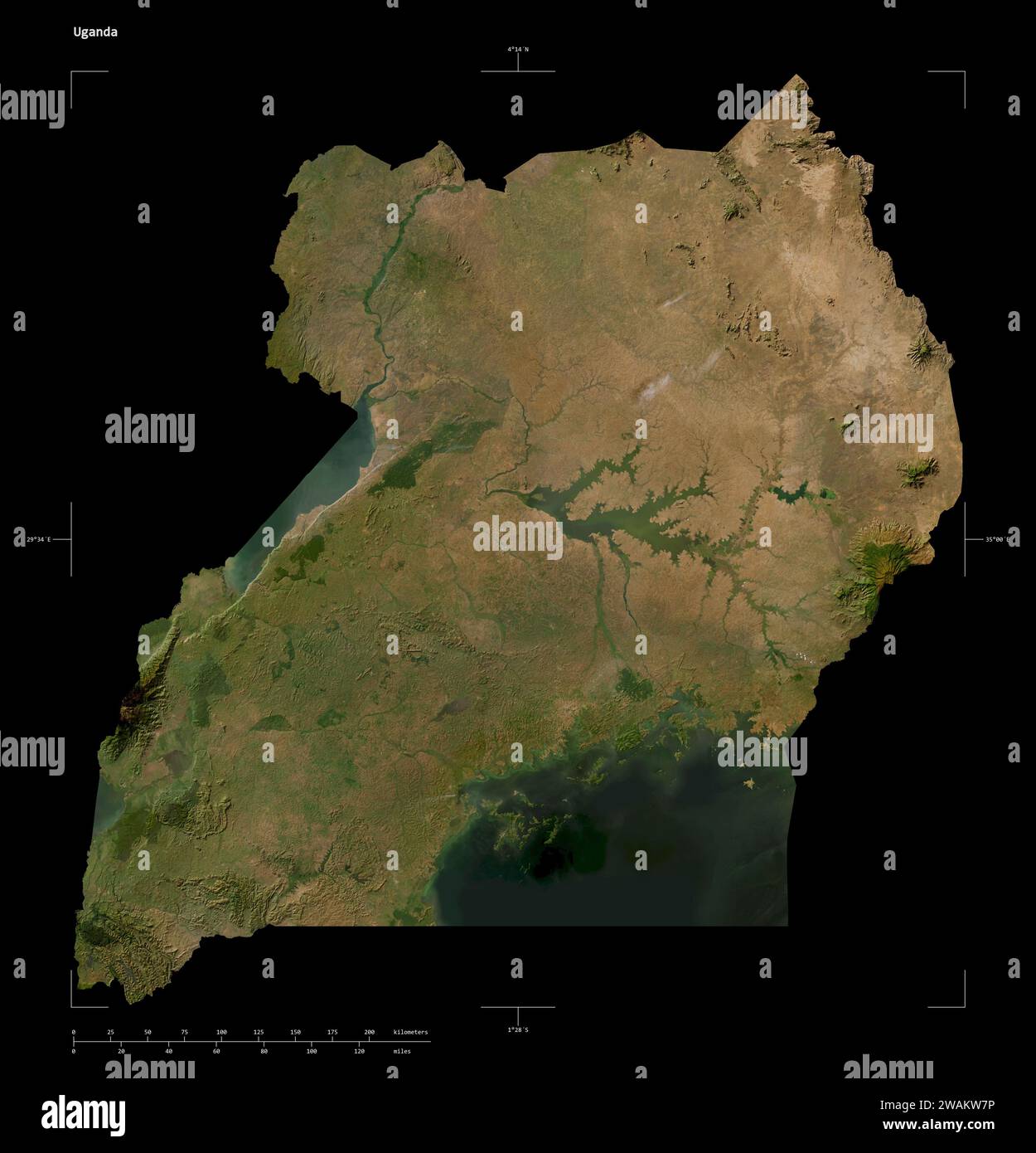 Shape of a low resolution satellite map of the Uganda, with distance ...