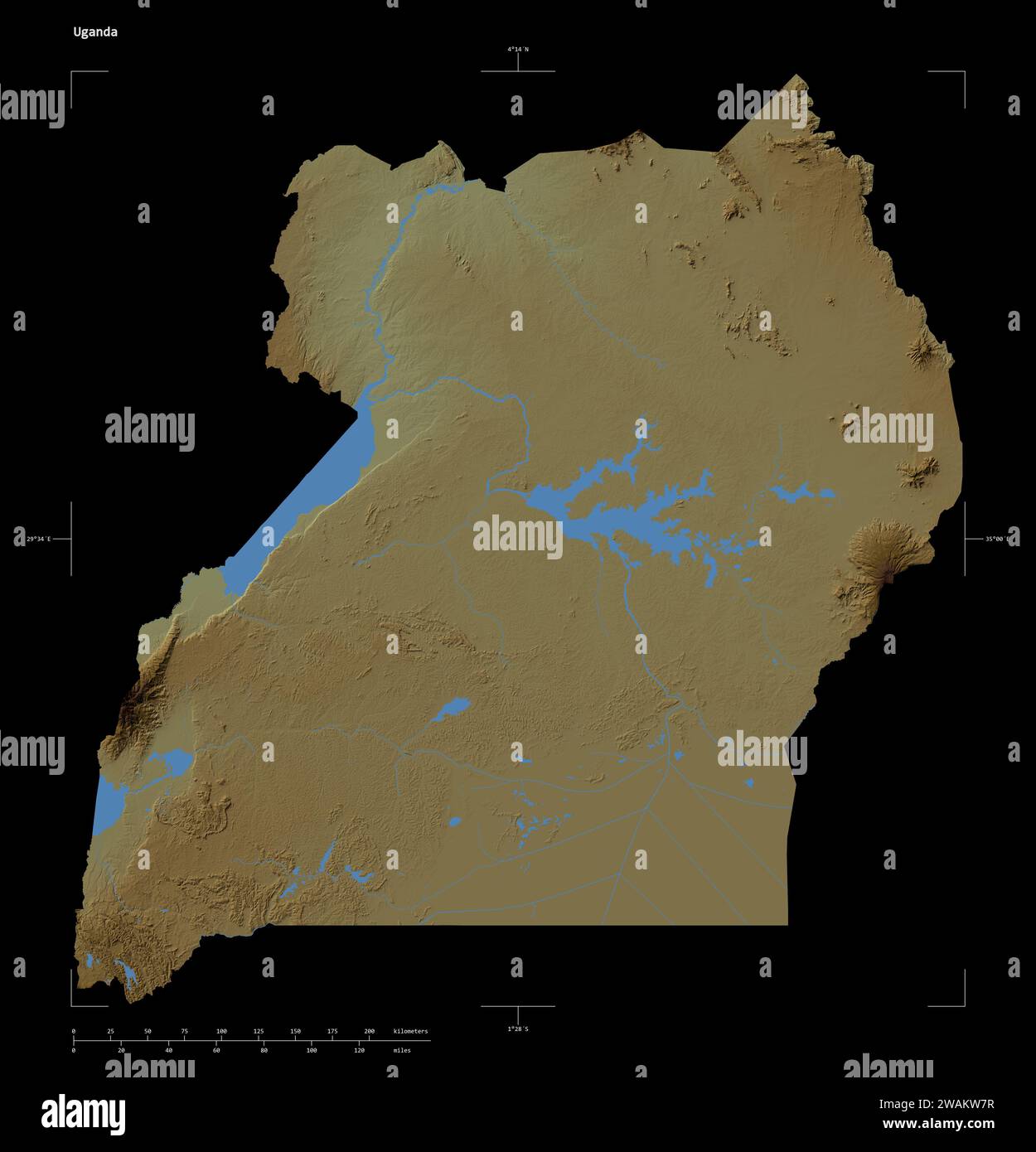 Shape of a Colored elevation map with lakes and rivers of the Uganda ...