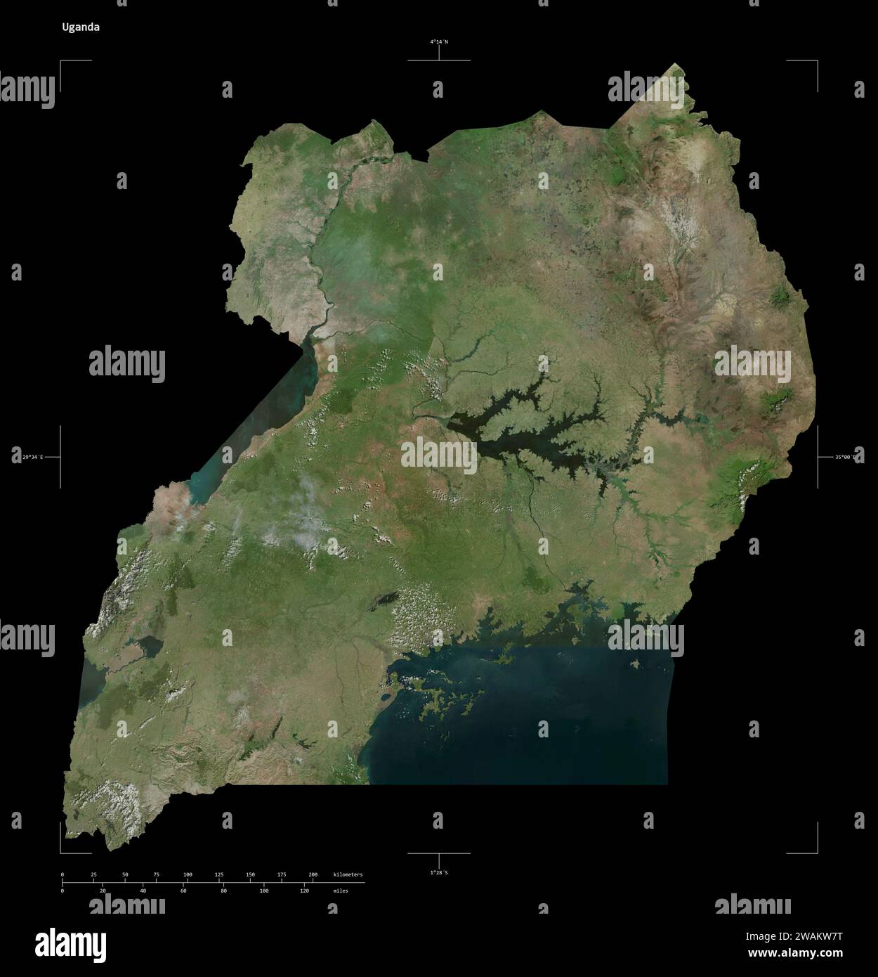 Shape of a high resolution satellite map of the Uganda, with distance ...