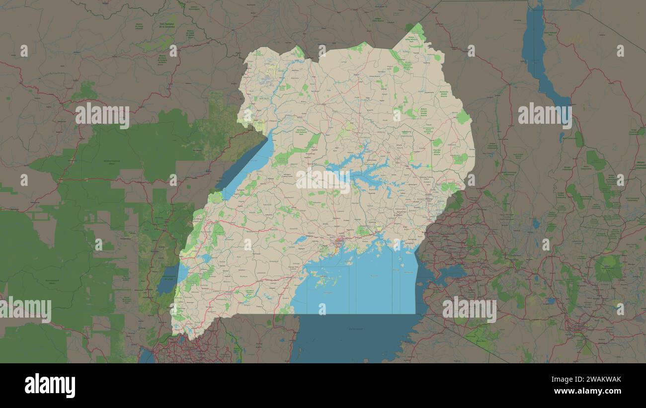 Uganda highlighted on a topographic, OSM Germany style map Stock Photo ...