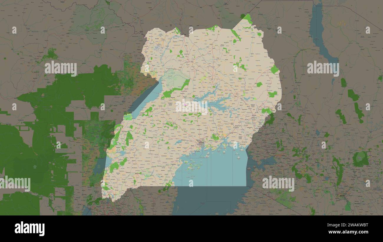Uganda highlighted on a topographic, OSM France style map Stock Photo ...