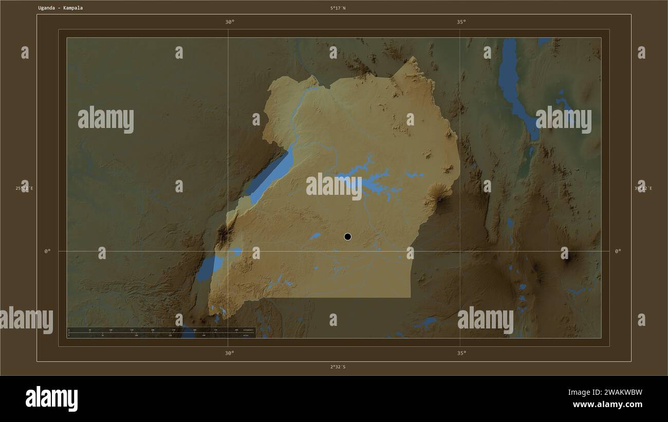 Uganda highlighted on a Colored elevation map with lakes and rivers map ...