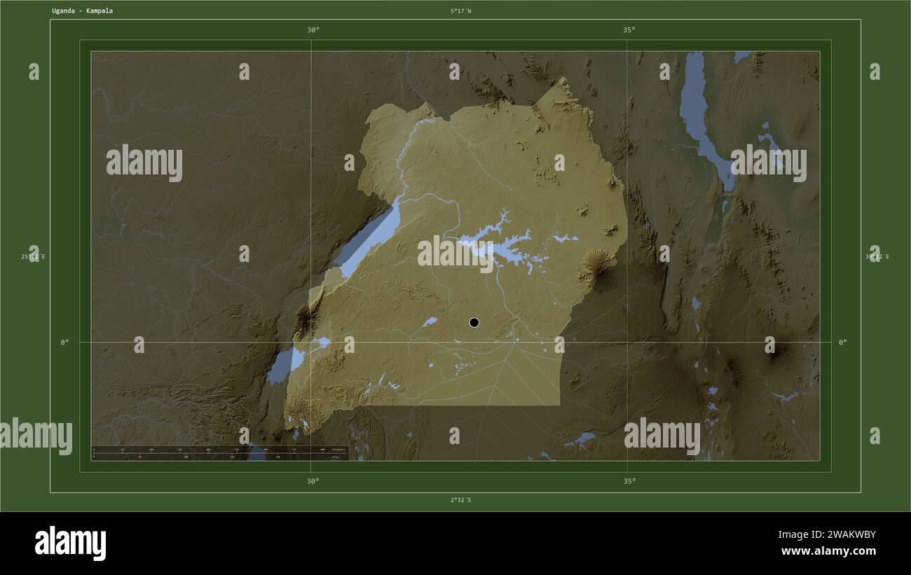 Uganda highlighted on a Pale colored elevation map with lakes and ...