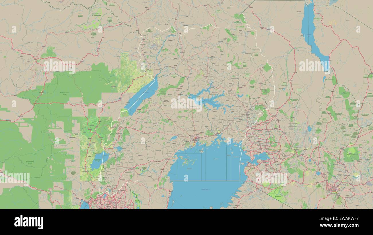 Uganda outlined on a topographic, OSM Germany style map Stock Photo - Alamy