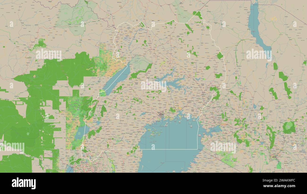 Uganda outlined on a topographic, OSM France style map Stock Photo - Alamy
