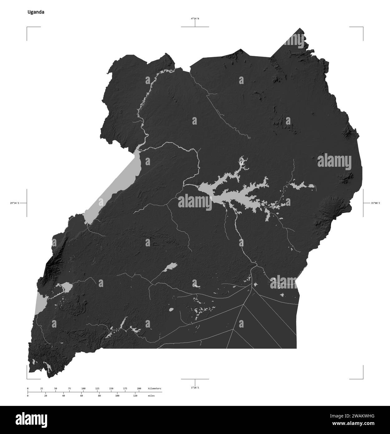 Shape of a Grayscale elevation map with lakes and rivers of the Uganda, with distance scale and ...