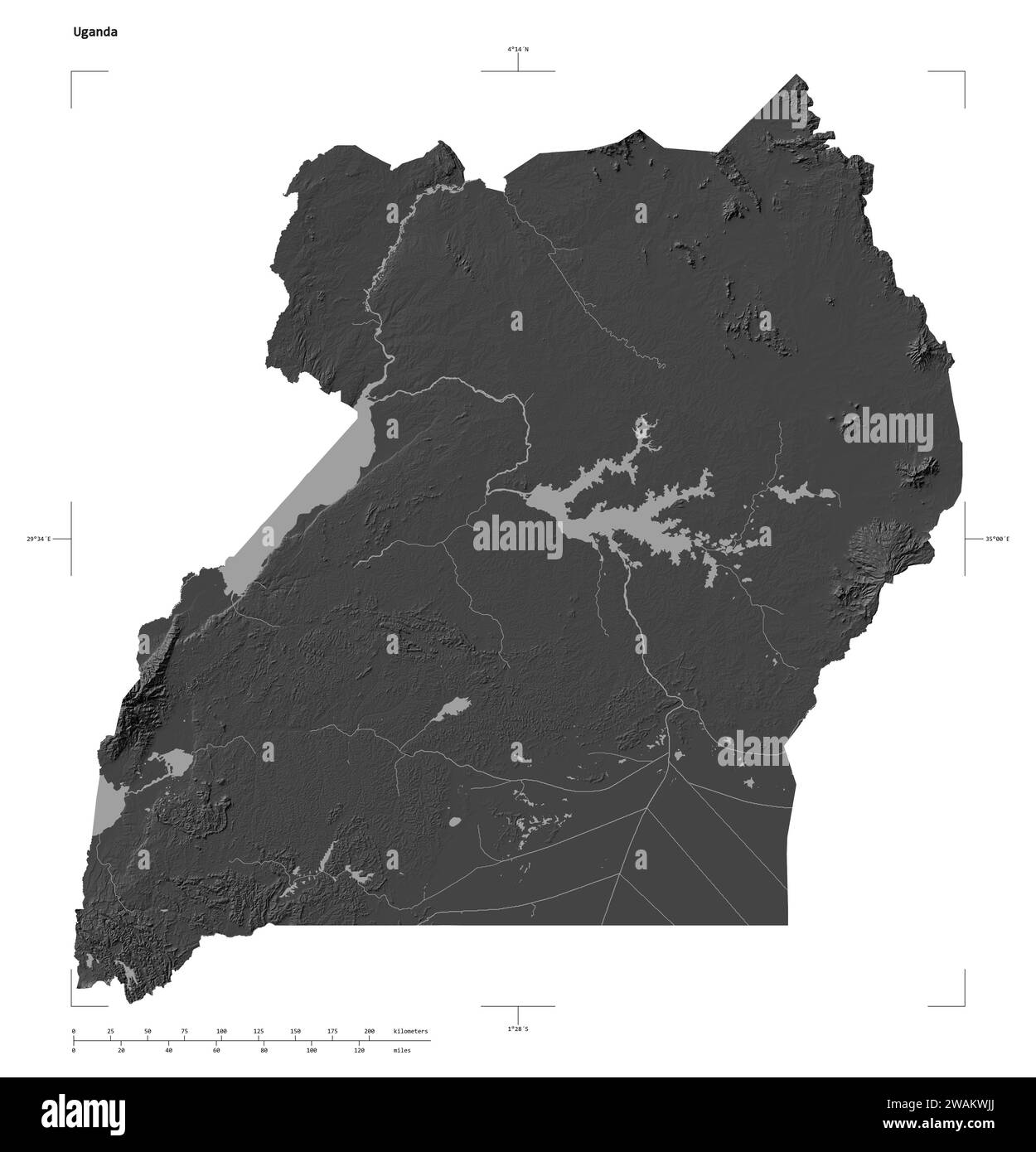 Shape of a Bilevel elevation map with lakes and rivers of the Uganda, with distance scale and ...