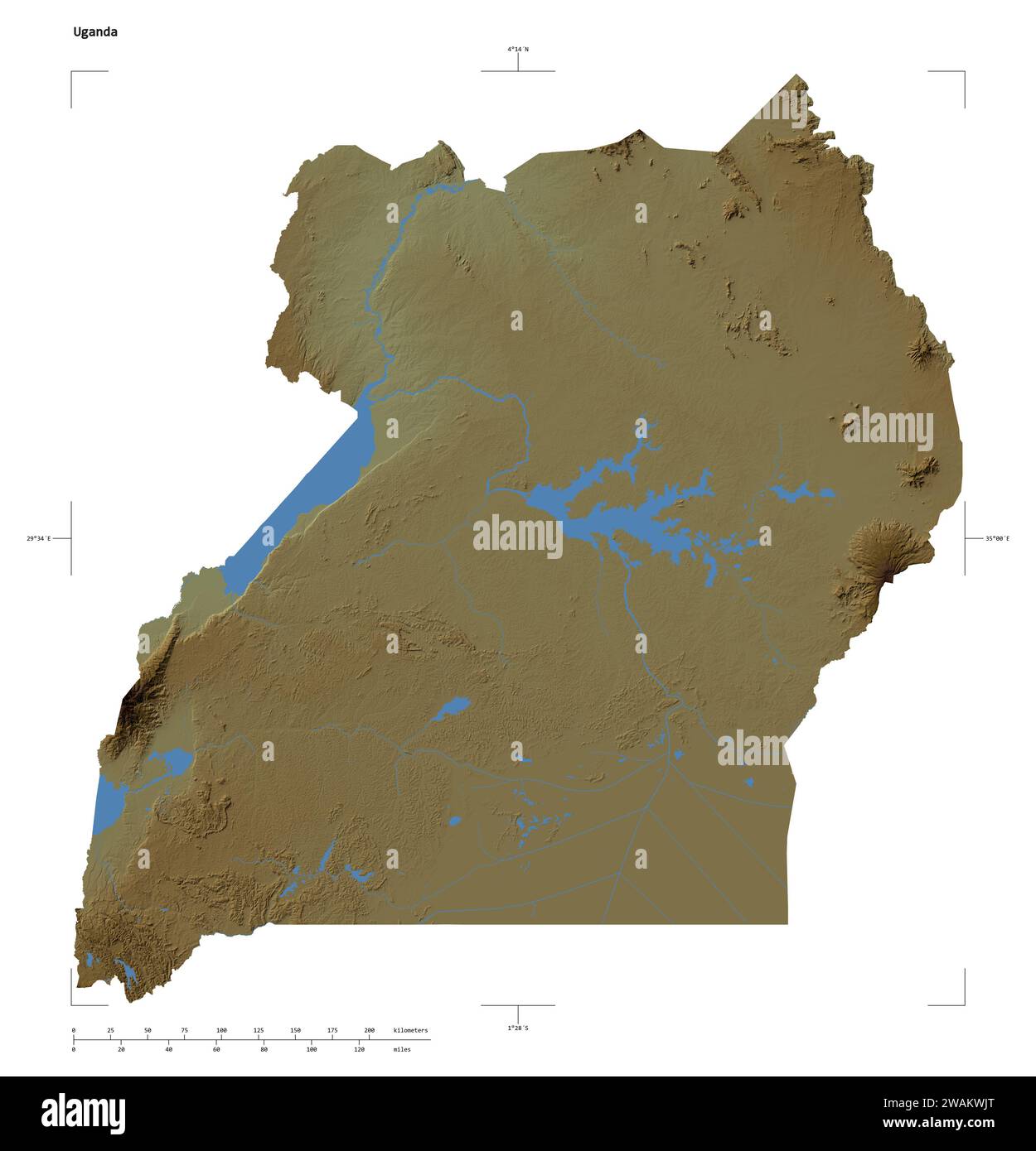 Shape of a Colored elevation map with lakes and rivers of the Uganda ...