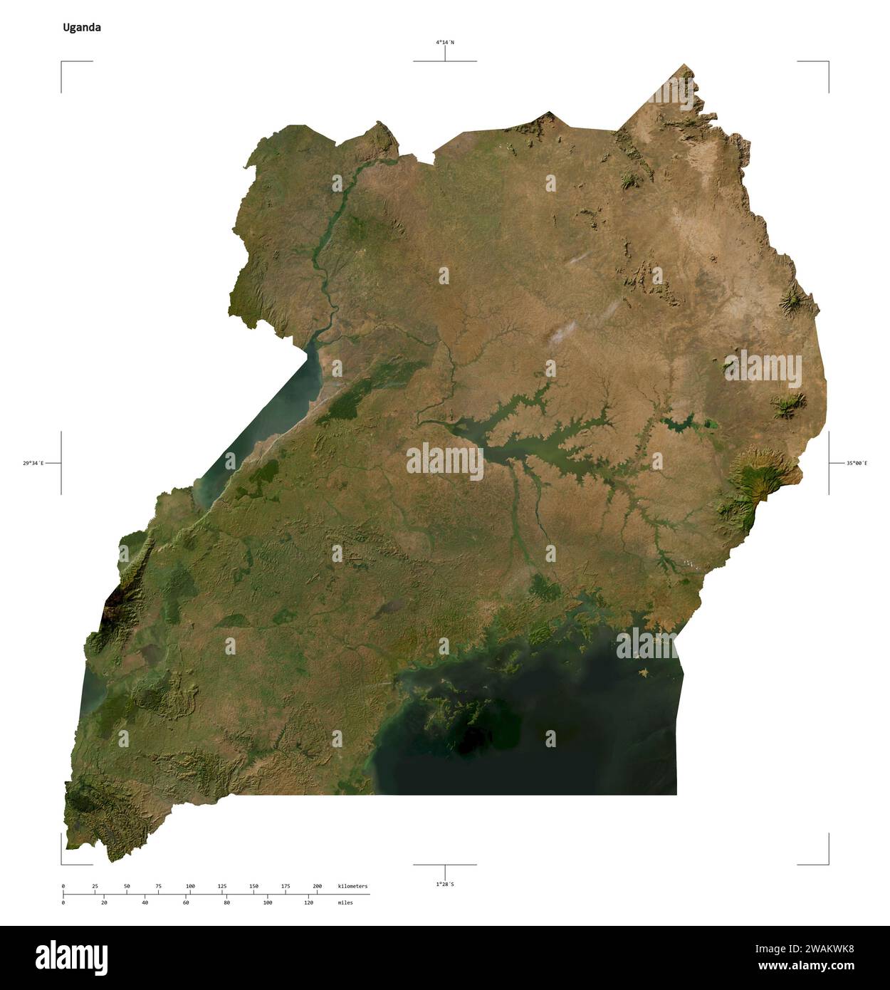 Shape of a low resolution satellite map of the Uganda, with distance scale and map border ...