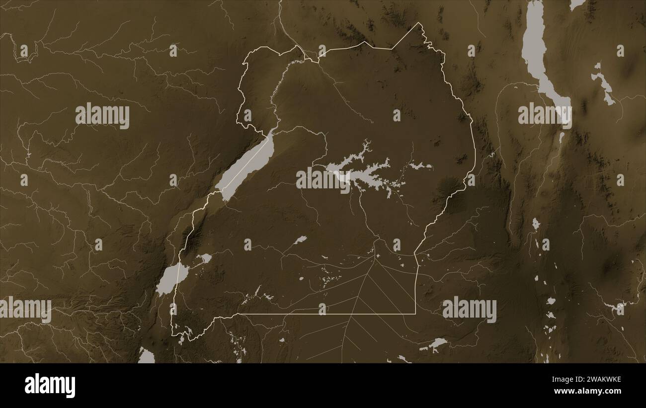 Uganda outlined on a elevation map colored in sepia tones with lakes and rivers Stock Photo - Alamy